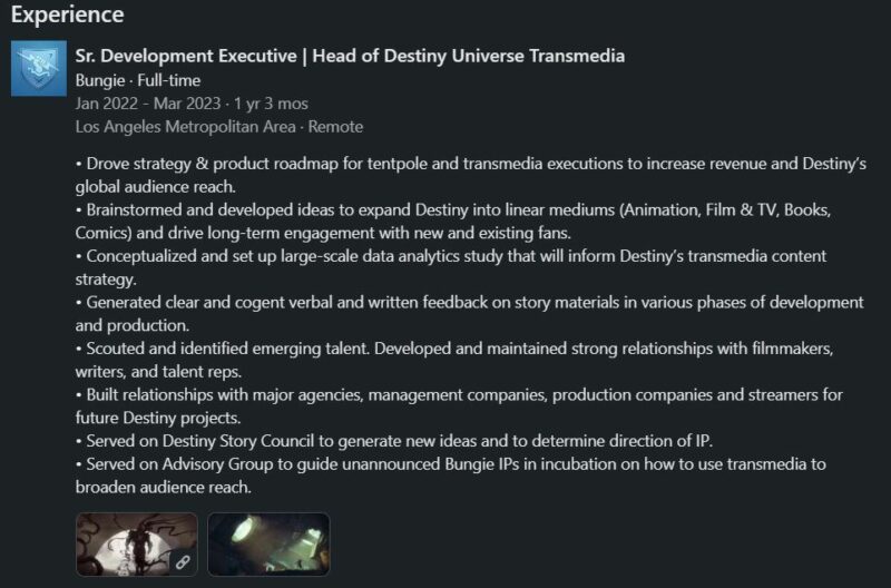 Destiny Animation, Film & TV Head Leaves Bungie